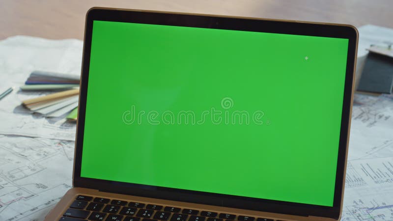 Architect Looking Chroma Key Laptop on Office Desk Closeup. Unknown ...