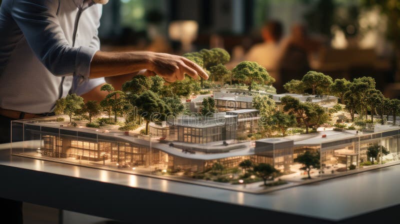 Architect Looking at Model of a Building in a Museum, Blurred ...