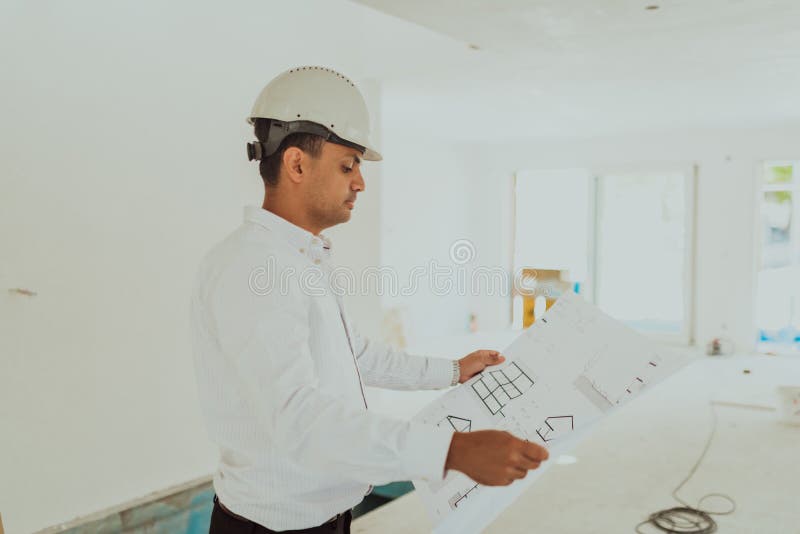 A Architect Looking at Plan and Thinking about Working on Big Project ...