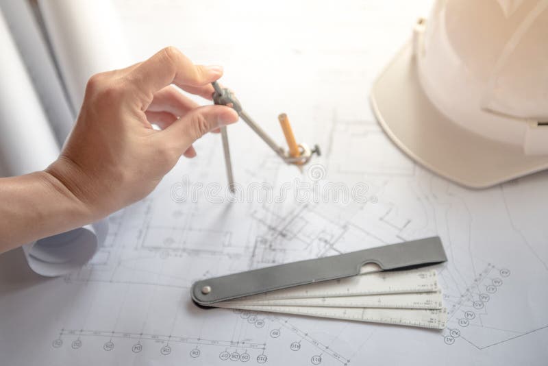 Architect Male Hand Sketching on Architectural Drawing Stock Photo ...