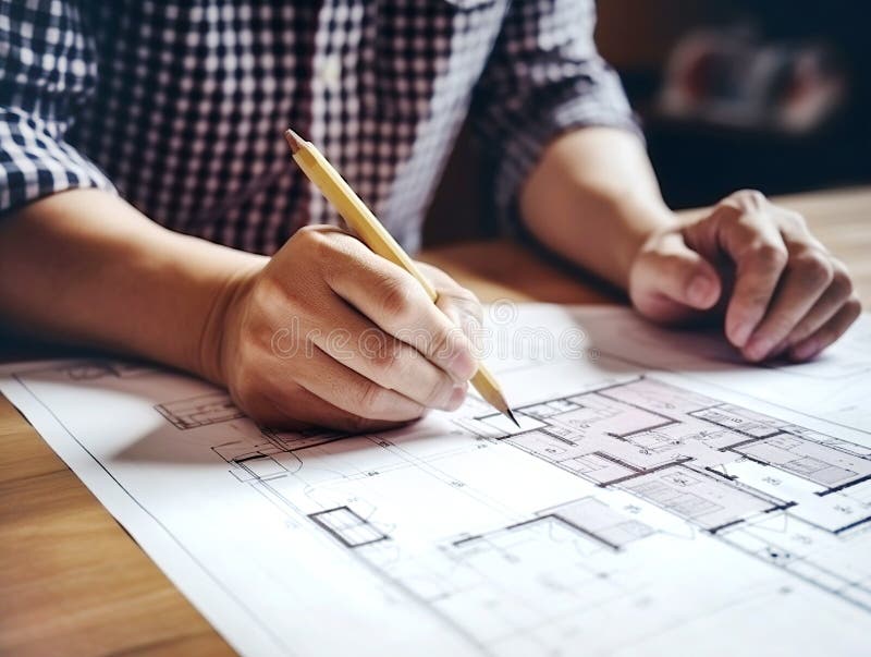 Architect Male Hands Drawing and Checking Construction Project ...