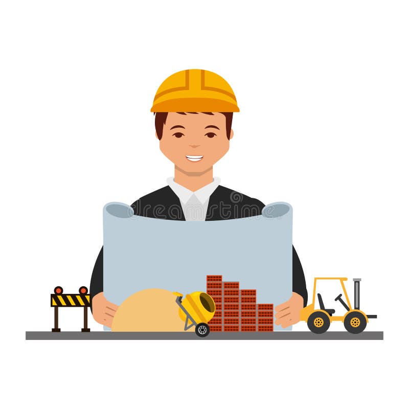 Architect Man with Blueprint Construction Stock Vector - Illustration ...