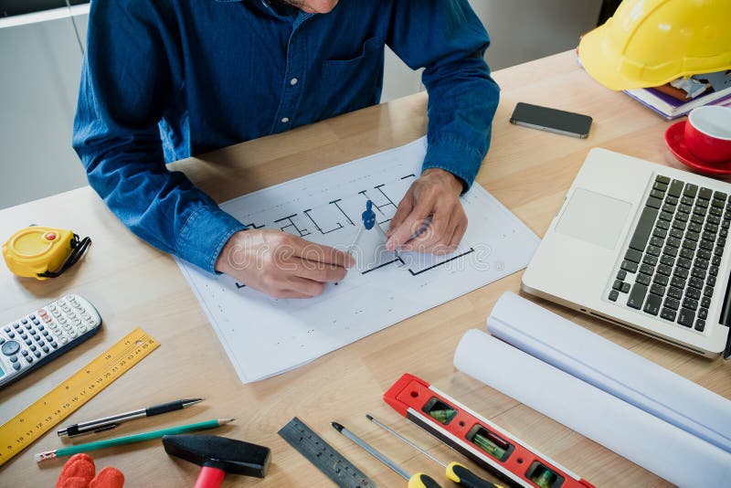 Architect Man Drawing on Architectural Project. Stock Photo - Image of ...