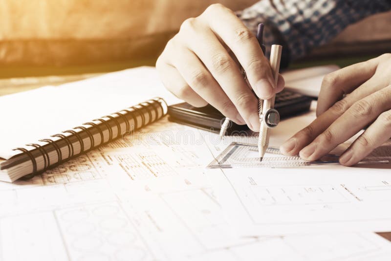 Architect Man Drawing Geometric Shape on Sheet of Paper at Office Table ...