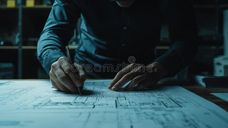 Architect Man Prepares Blueprints for Engineers To Check and Drawing ...