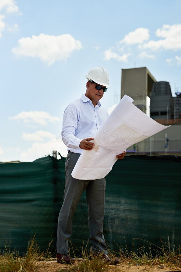 Architect, Man or Reading Blueprint Outdoor at Construction Site for ...