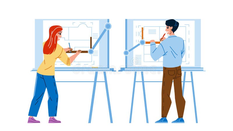 Architect Man and Woman Drawing on Board Vector Stock Illustration ...