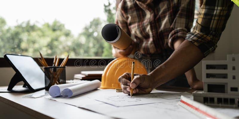 Architect Man Working with Blueprints for Architectural Plan, Engineer ...
