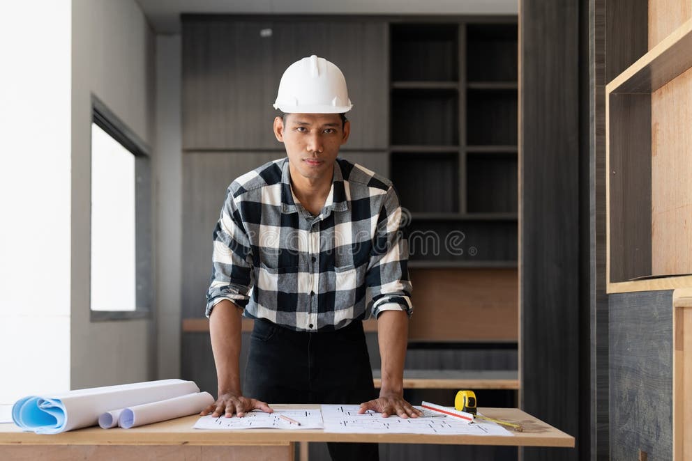 Architect Man Working with Blueprints for Architectural Plan, Engineer ...
