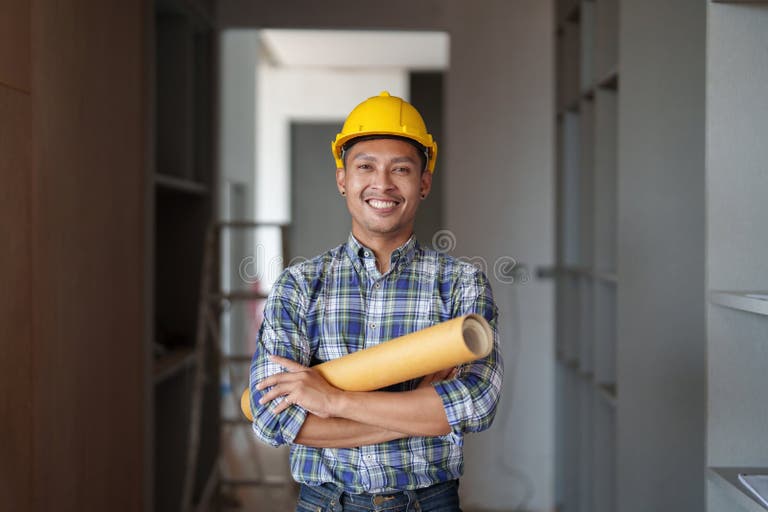 Architect Man Working with Blueprints for Architectural Plan, Engineer ...