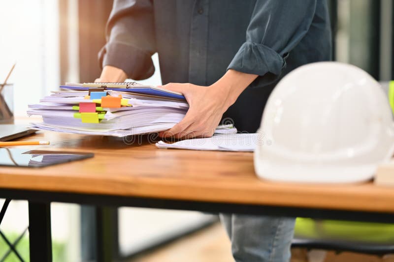 Architect Man Working on Construction Project and Preparing Document in ...