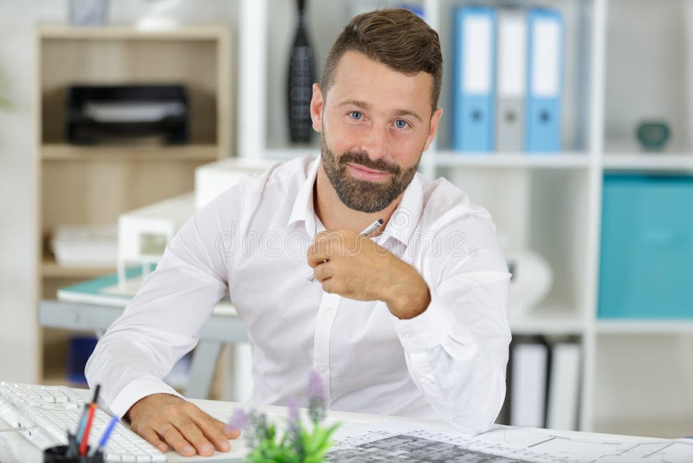 Architect Man Working Drawing Construction on Blueprints Stock Photo ...