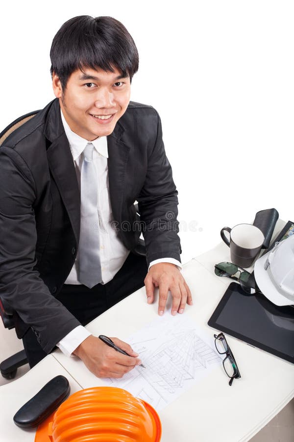 Architect Man Working on Drawing Table Smiling with Happiny Face Stock ...