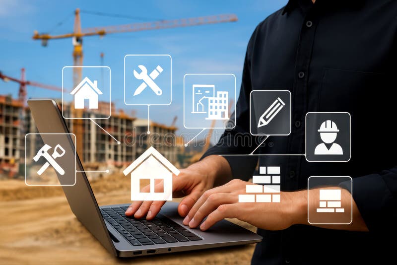 Architect Managing Construction Project Using Laptop with Icons of ...