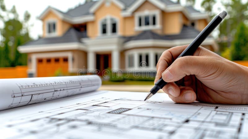 Architect Marking Blueprints for Home Renovation Project. Stock Photo ...