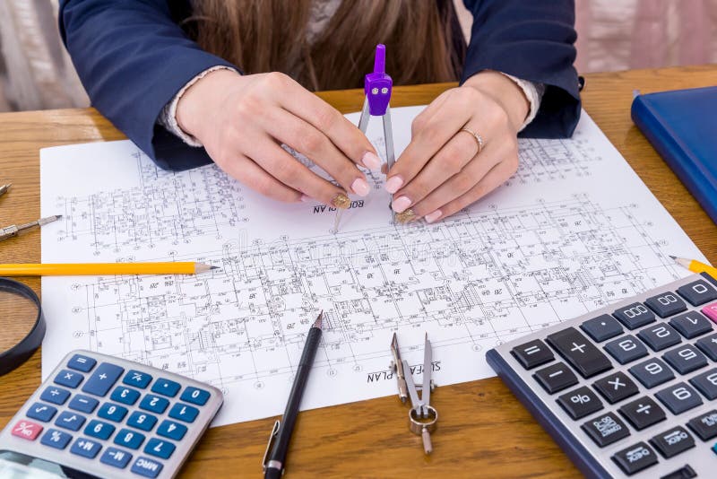 Architect Measure and Calculate Architecture Drawing, Close Up Stock ...
