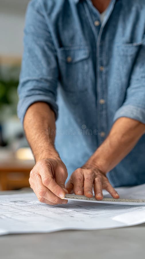 Architect Measuring Precise Dimensions on a Blueprint while Engaged in ...