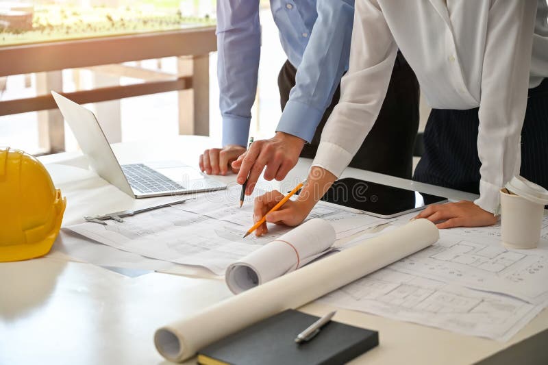 Architect Meeting with Blueprint on Creative Workspace Stock Image ...