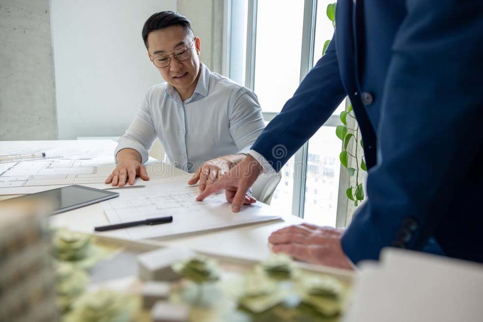 Architect Men, Teamwork and Planning Blueprint with Discussion ...