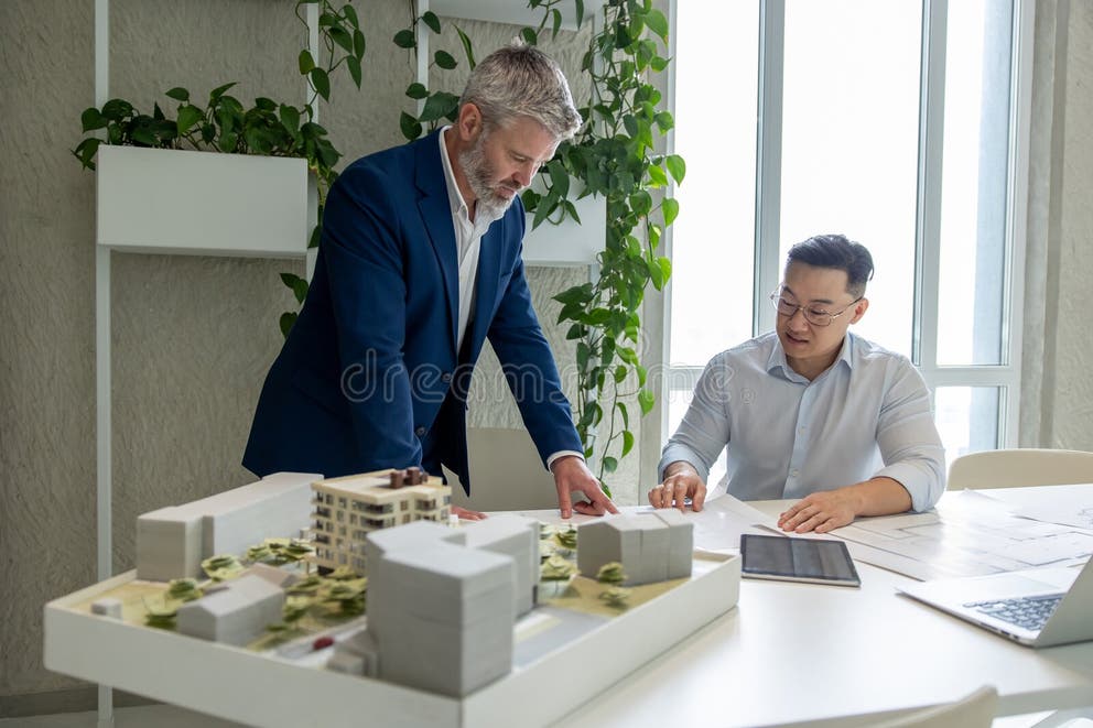 Architect Men, Teamwork and Planning Blueprint with Discussion ...