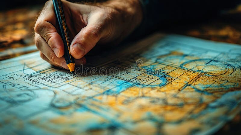 Architect Meticulously Drawing Blueprints Stock Illustration ...