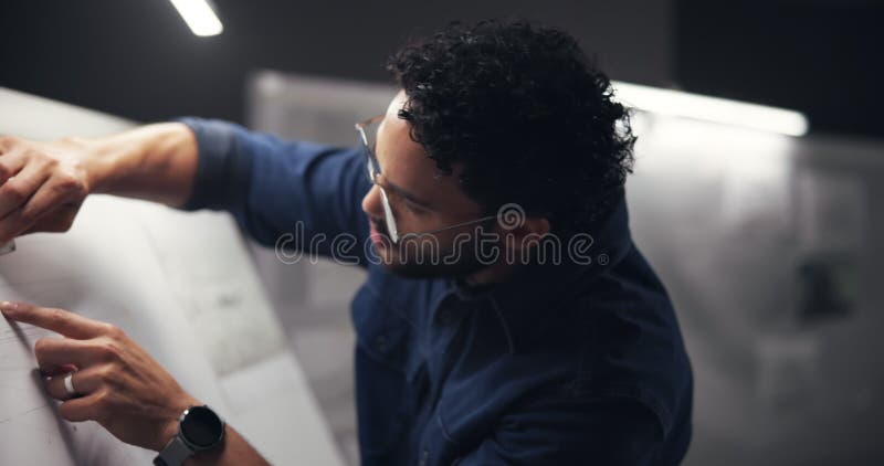 Architect, Mistake and Man with Blueprint at Night for Engineering ...