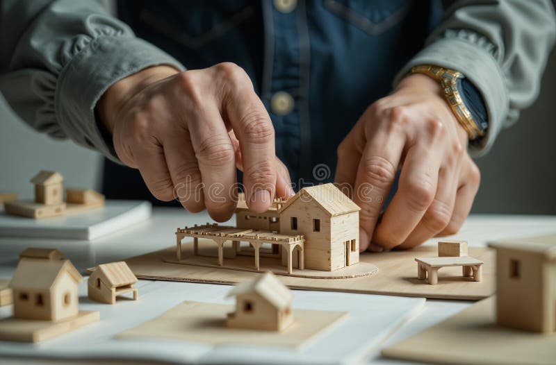 Architect Mount Model Cottage House Table Office, Close Up Hands. AI ...