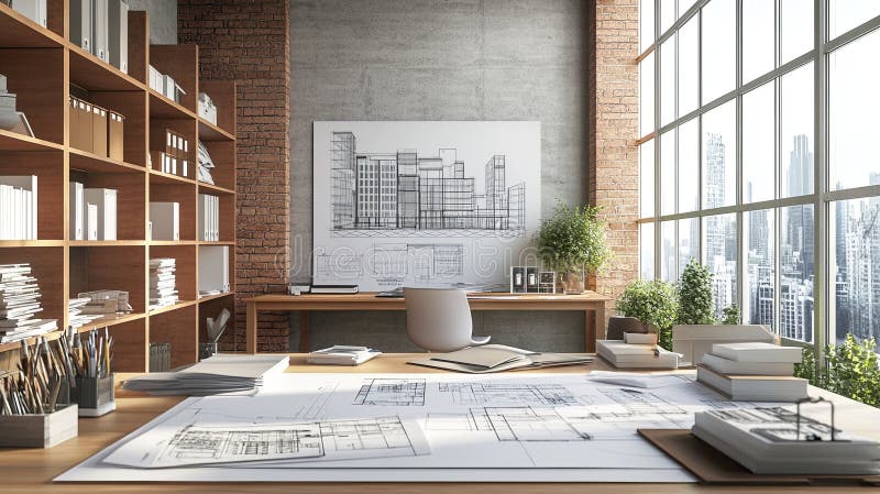 An Architect Office with Blueprints and 3D Models of Modern Buildings ...
