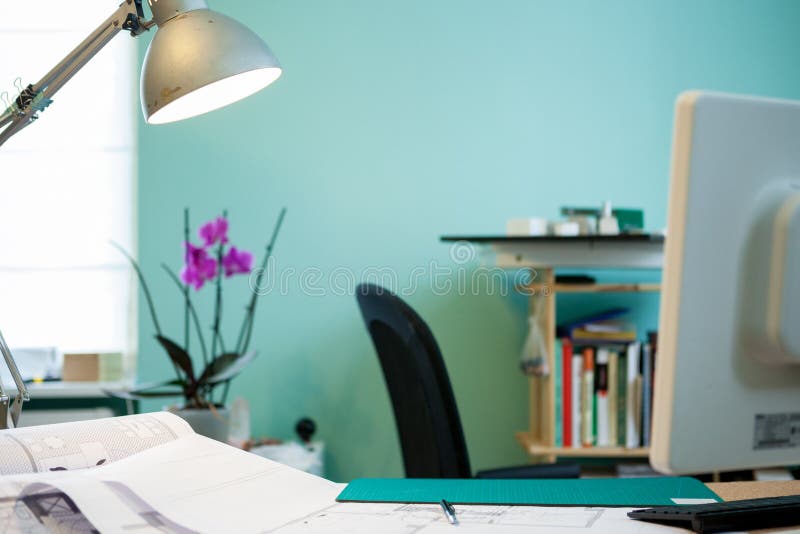 Architect Office with Blueprints on Table Stock Image - Image of ...