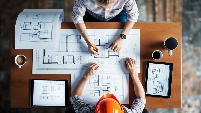 Overhead View of Architect with Safety Helmet Reviewing and Drawing ...