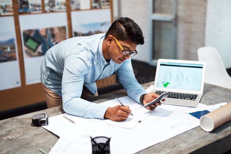 Architect, Pencil and Calculator for Interior Design, Laptop Blueprint and Document with ...