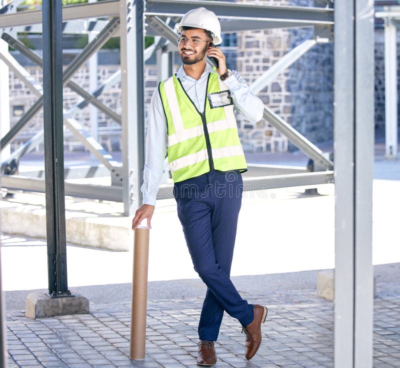 Architect, Phone Call and Happy Man with Blueprint at Construction Site ...