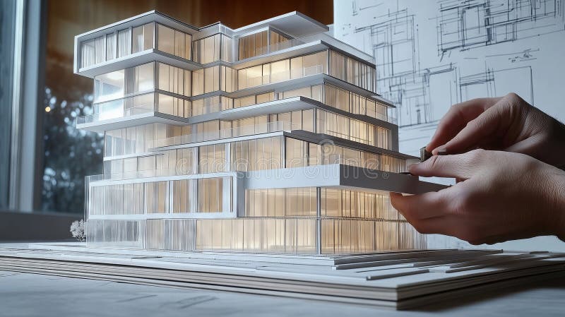 Architect Placing Last Piece on Architectural Model of Modern ...