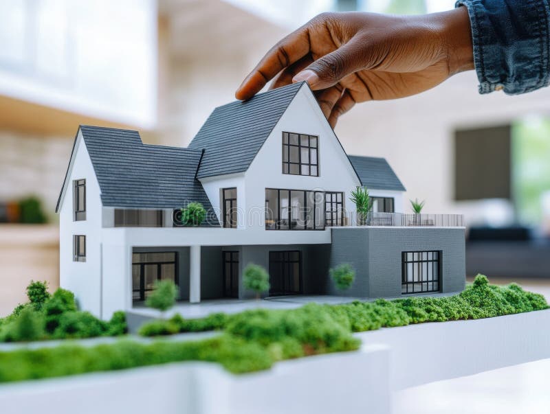 Architect Placing Roof on Modern Sustainable House Model, Eco Friendly ...