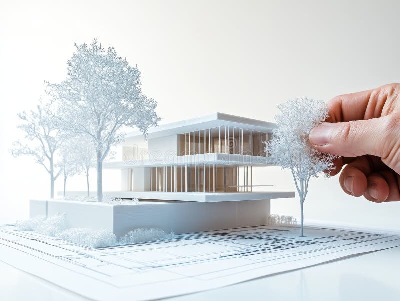 Architect Placing Tree Model Near Modern House Design Stock ...