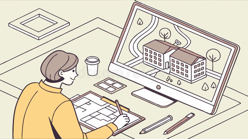 Architect Planning Urban Layout on Computer with Scale Model, Vector ...