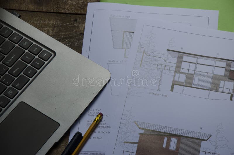 Architect Plans and Notebook on Wooden Table Stock Photo - Image of ...