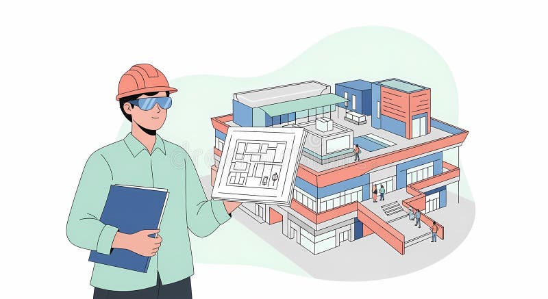 Architect Presenting Building Plan with Modern Structure and People ...