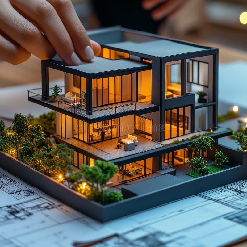Architect Presenting Modern House Model on Blueprint with Warm Light ...