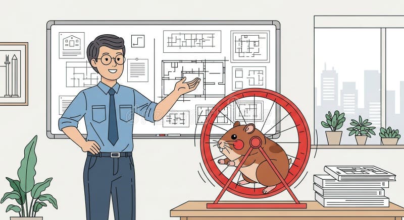 Architect Presenting Plans with Hamster in Wheel Stock Vector ...