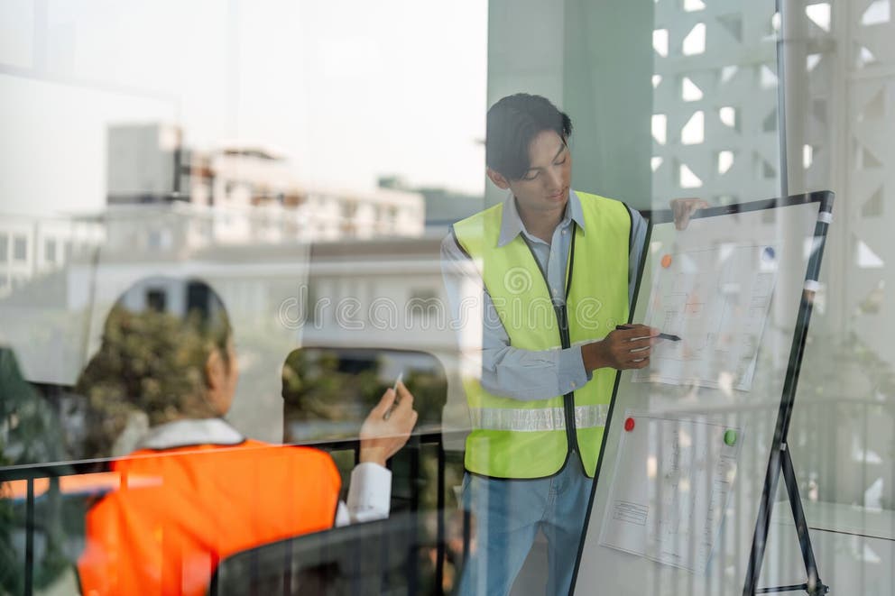 Architect Presenting Project Plans: Construction Team Member ...