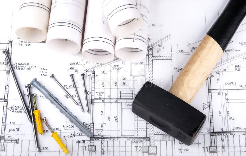 Architect Project Drawing Blueprint Stock Image - Image of draft ...