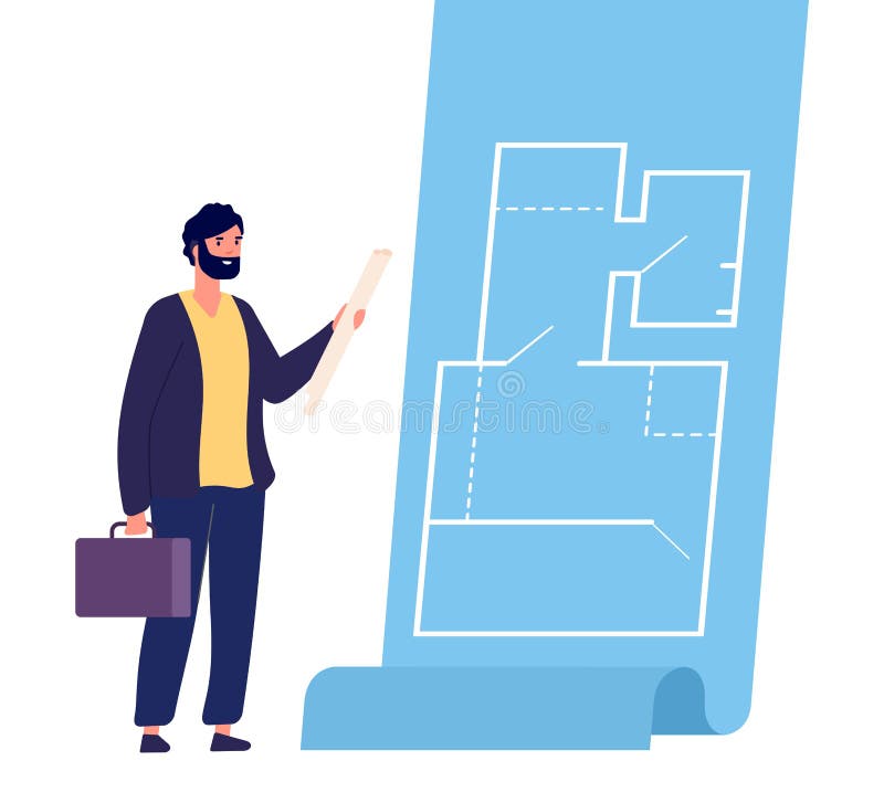 Architect with Project. Vector Man Engineer Character Stock Vector ...