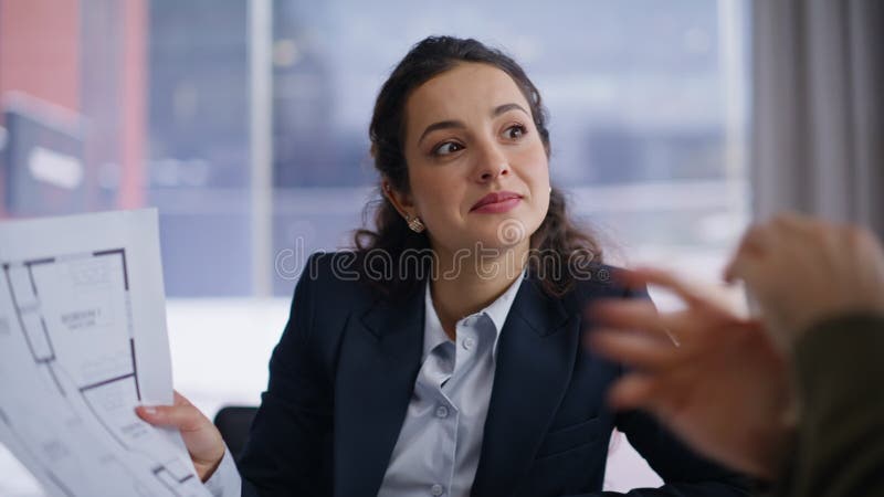 Architect Proposing Blueprint Samples Client Office Closeup. Engineer ...