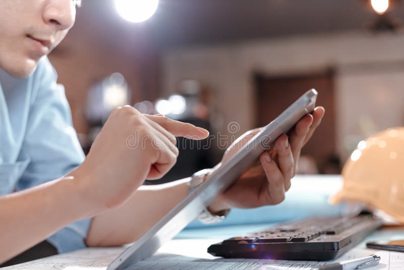 Architect Reading Building and Drawing Outlay Construction Plan As ...