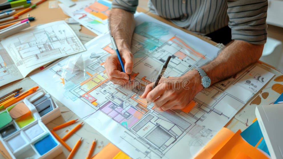 Architect Refining a Concept Sketch with Pencil Stock Illustration ...