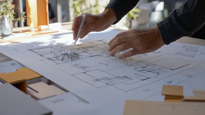 Architect Reviewing Blueprint with Close Up of Hands and Tools Stock ...