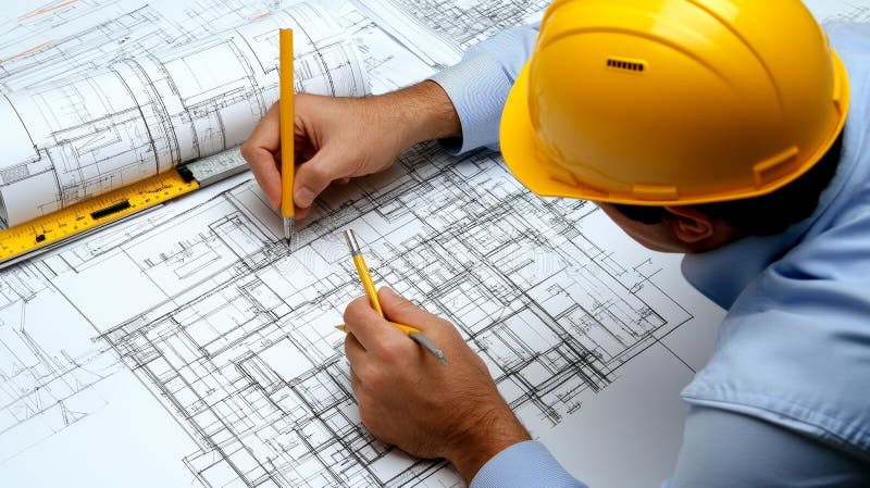 Architect Reviewing Blueprints Construction Planning, Design, and ...