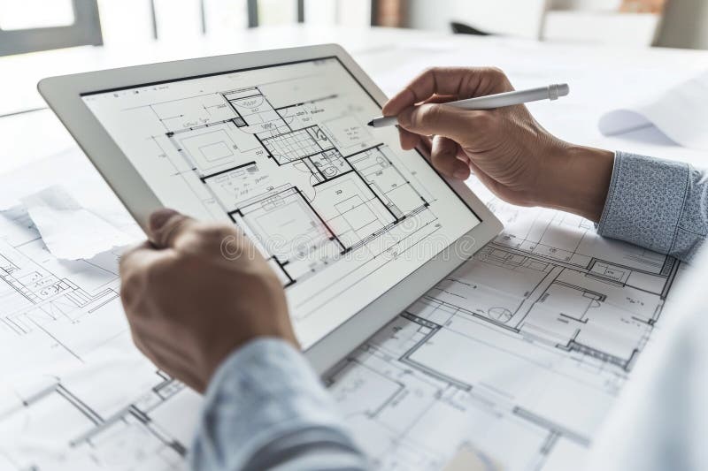 Architect Reviewing Blueprints with a Digital Tablet in Hand Stock ...