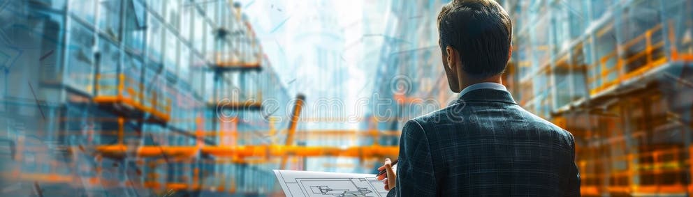 Architect Reviewing Blueprints with an Urban Construction Site Backdrop, Representing Modern ...